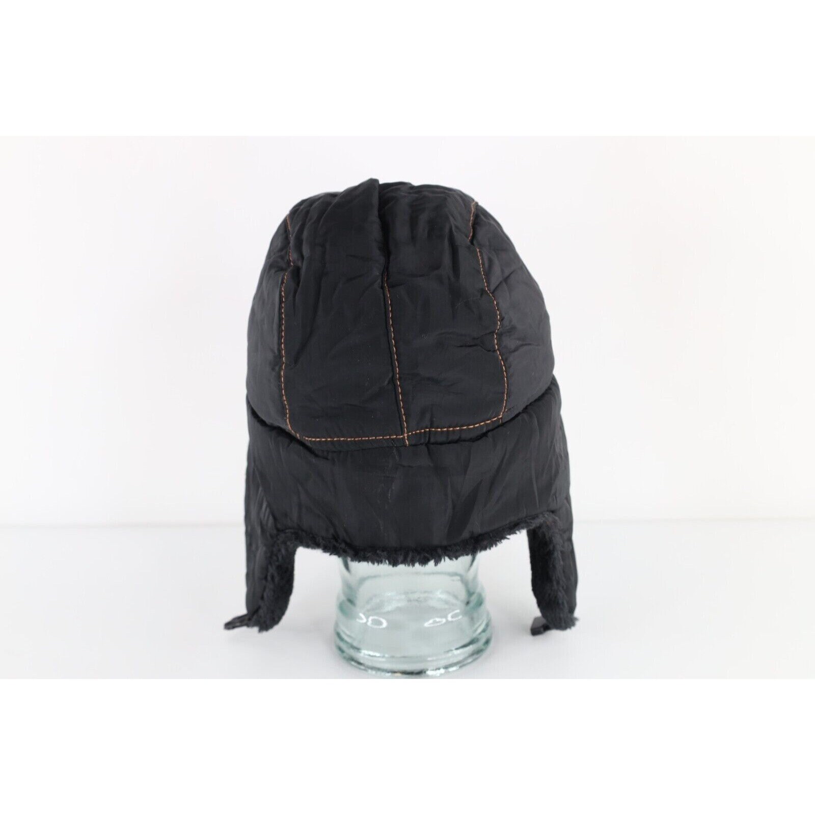 90s Streetwear Faded Fleece Lined Winter Trapper Aviator Hat Cap Black ...