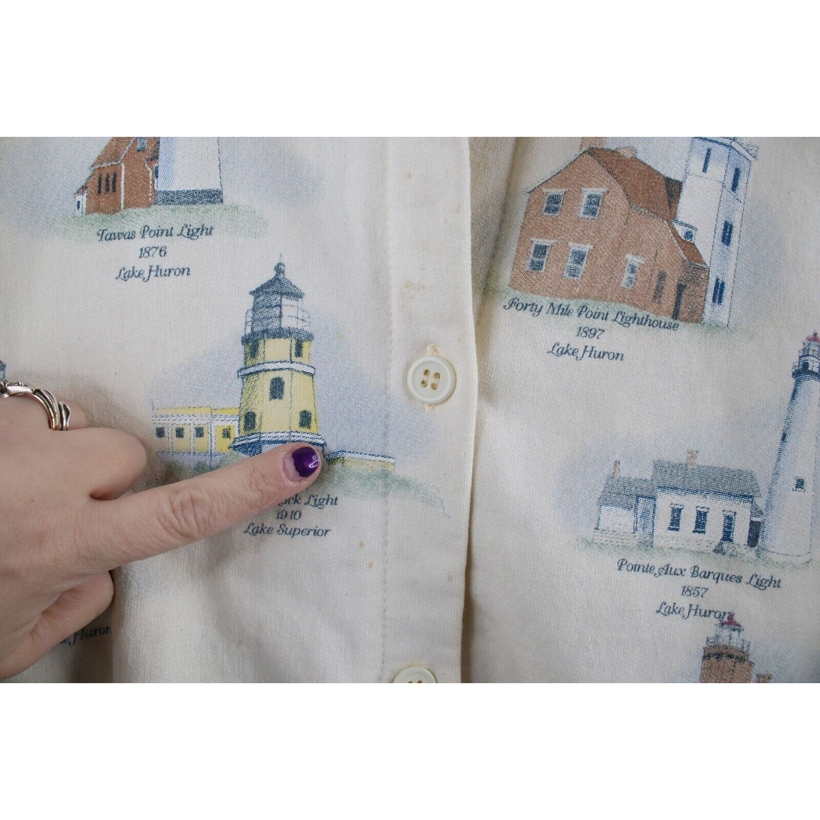 90s Streetwear Womens L All Over Print Lighthouse Cardigan Sweatshirt ...