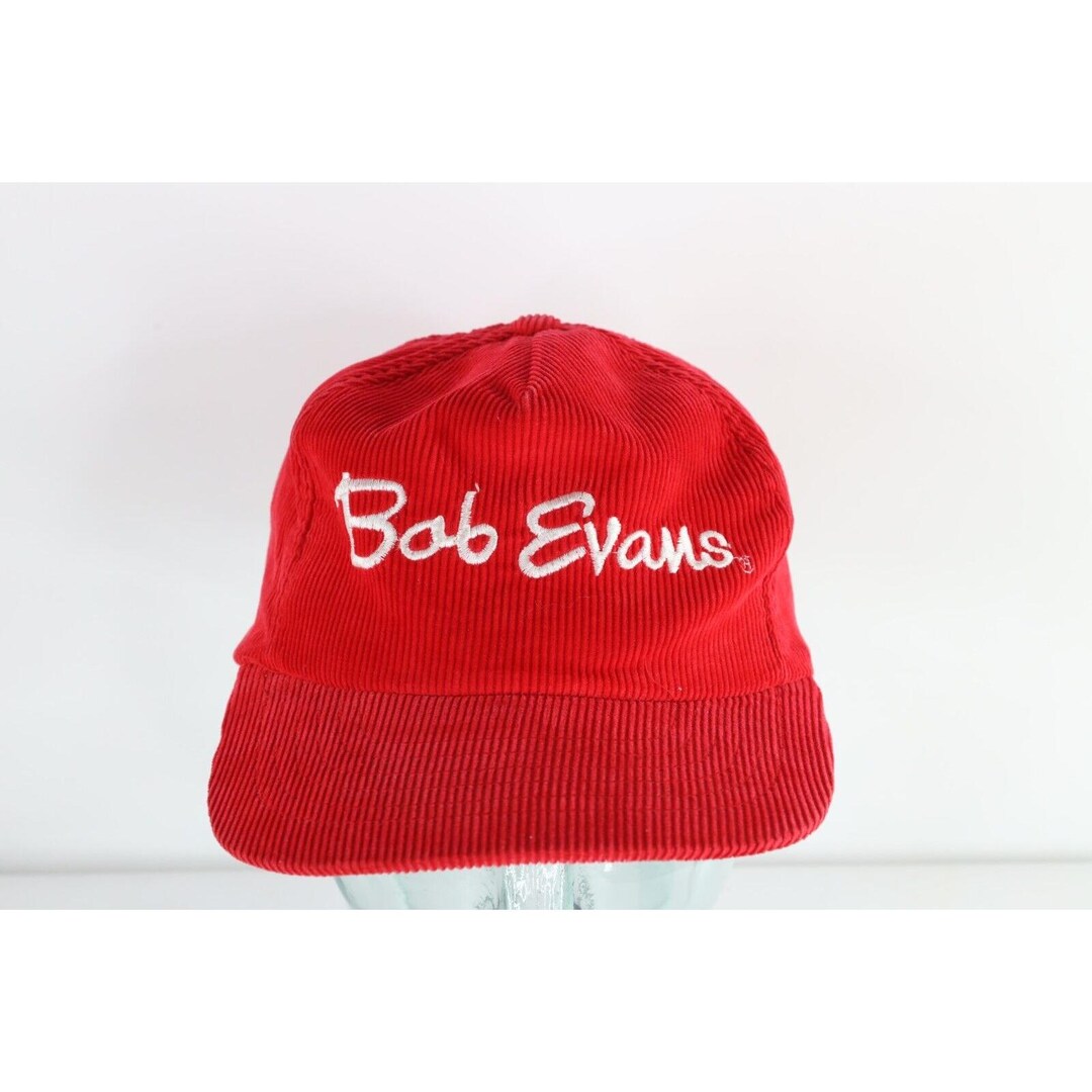 90s Streetwear Faded Spell Out Bob Evans Corduroy Snapback Hat Cap Red ...