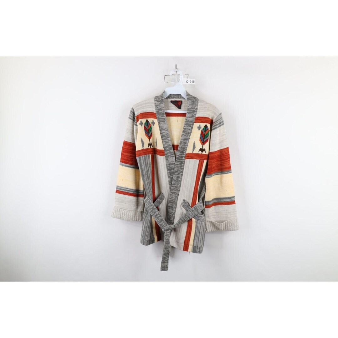 70s Mid Century Modern MCM Womens Medium Feather Belted Knit Cardigan ...