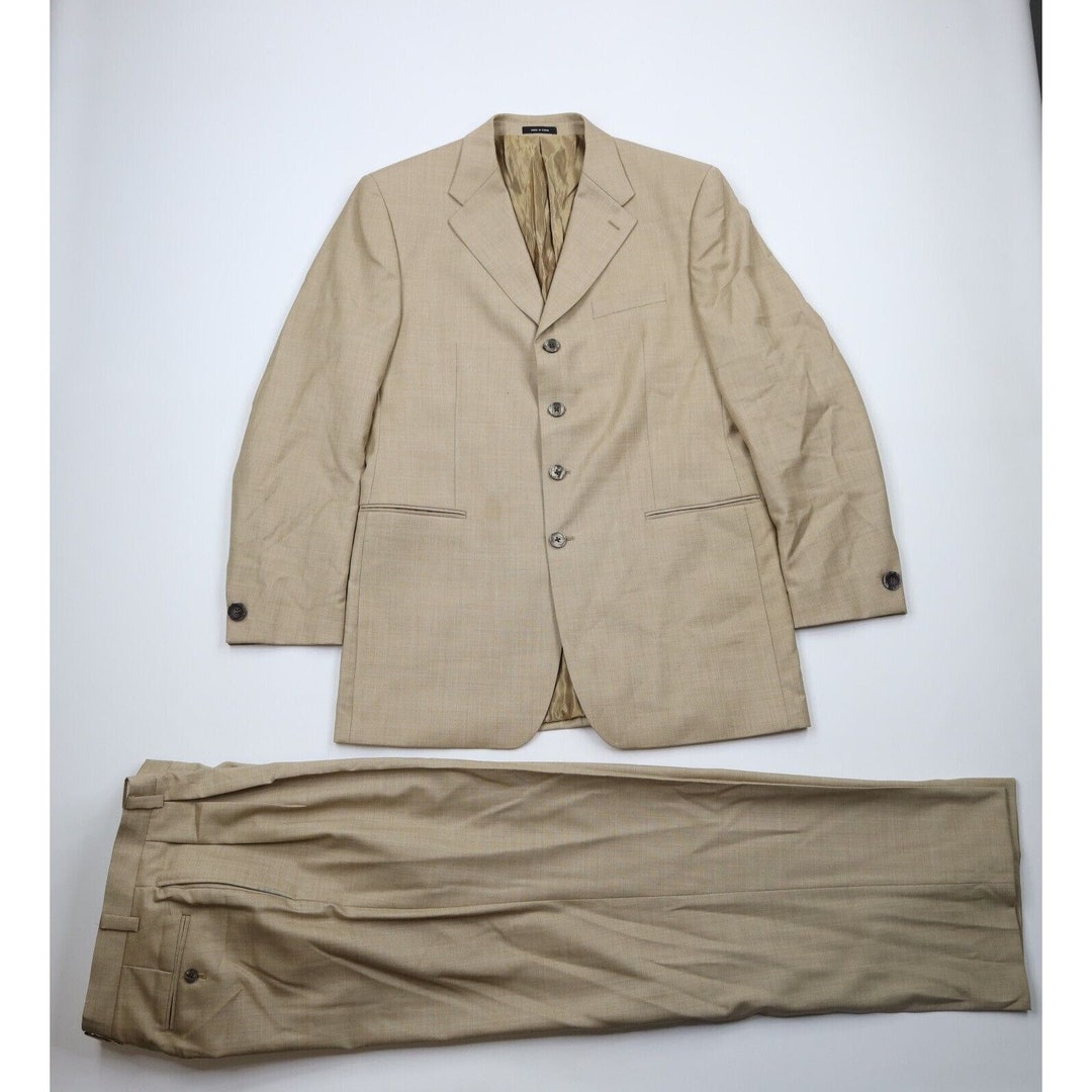90s FUBU Mens 42L 35W Baggy Players Wool 2 Piece Suit Sharkskin Beige, Vintage Gangster Suit ...