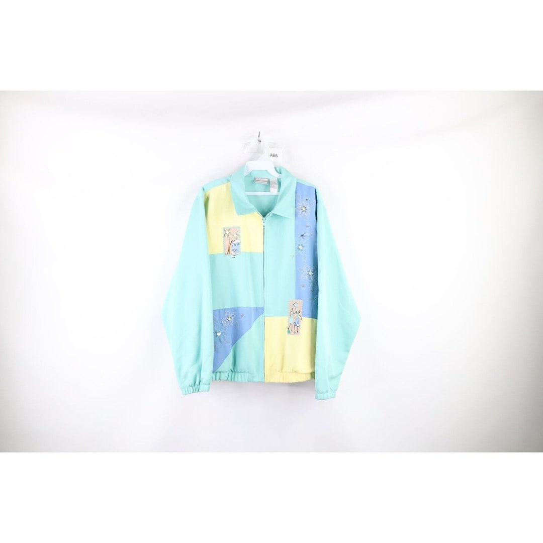 90s Lagenlook Womens Large Color Block Pastel Flower Full Zip Jacket ...