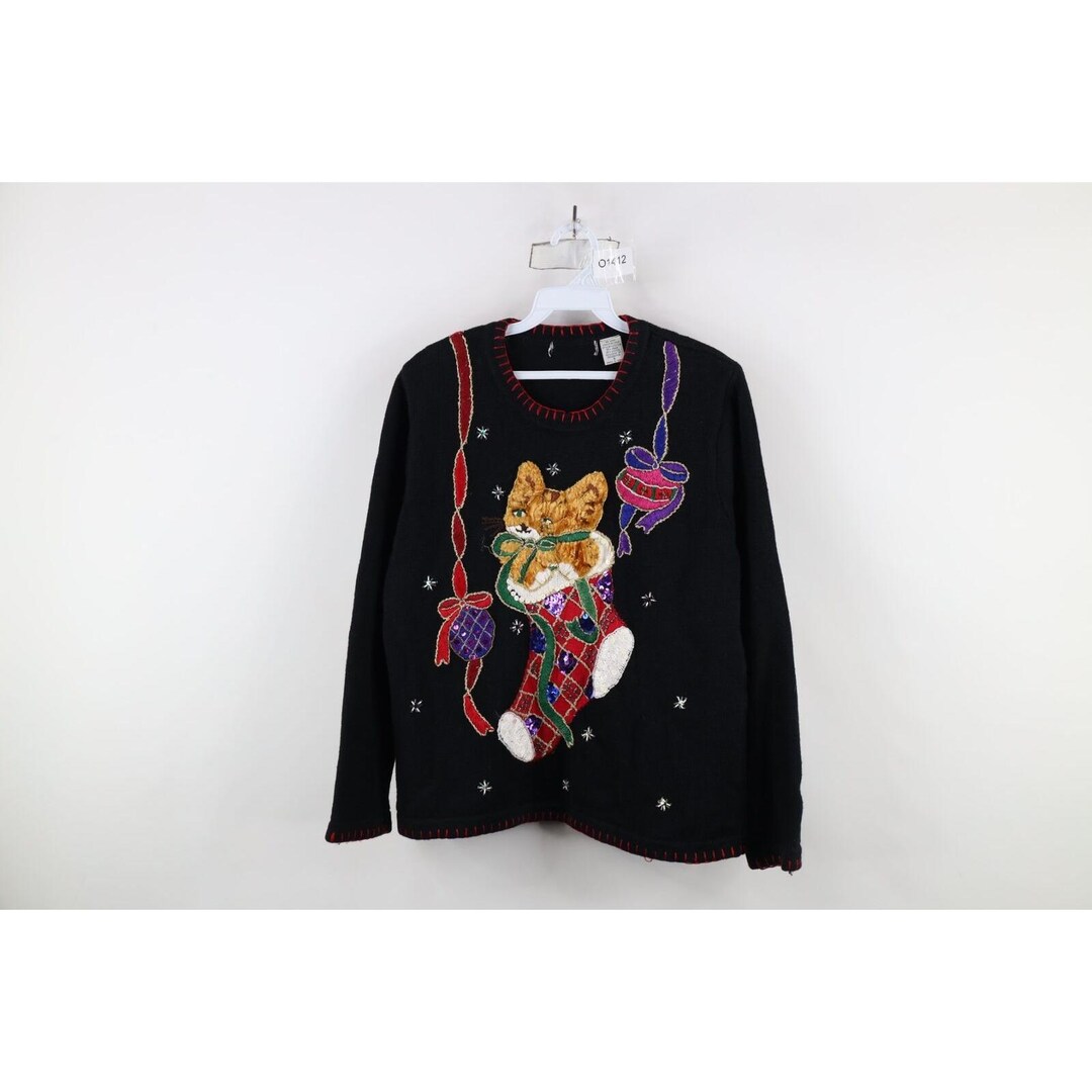 90s Womens Small Christmas Cat Kitten Stocking Beaded Knit Sweater ...