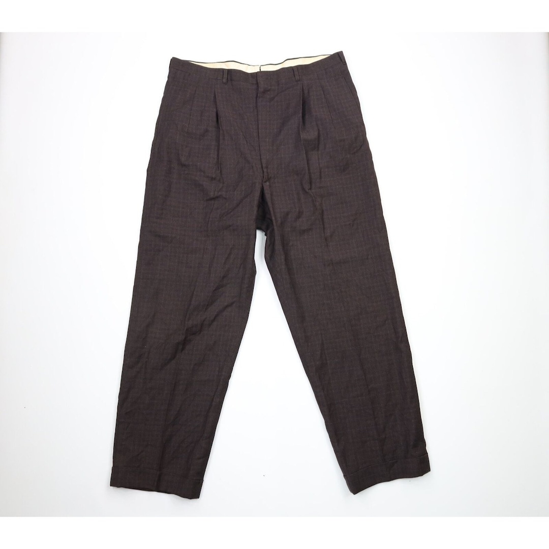 30s Mens 38x31 Wool Pleated Cuffed Wide Leg Pants Trousers Brown Plaid ...