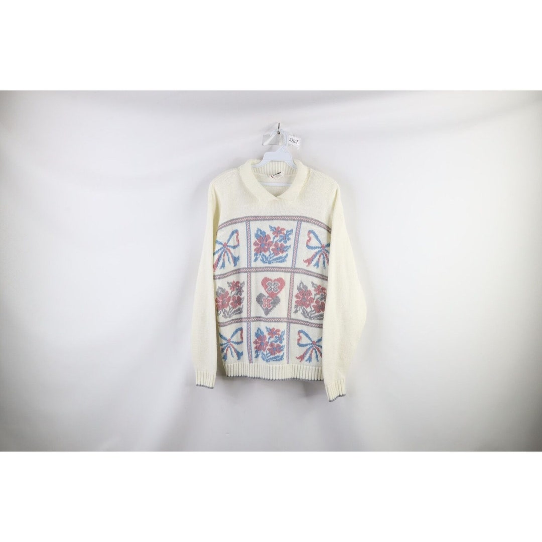 90s Cottagecore Womens L Country Primitive Flower Knit Collared Sweater ...