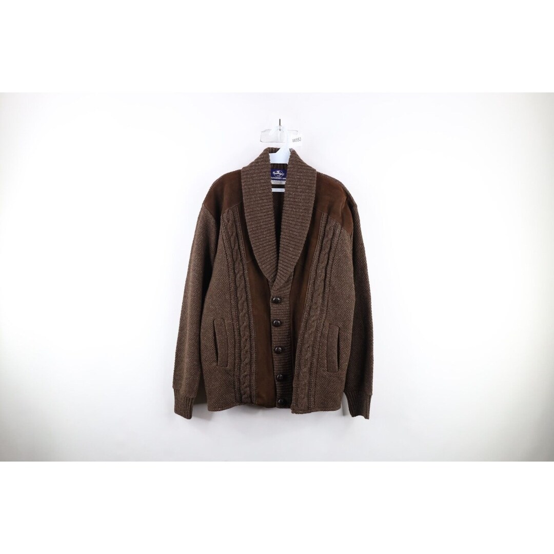 50s 60s Streetwear Mens Large Wool Suede Leather Cable Knit Cardigan ...