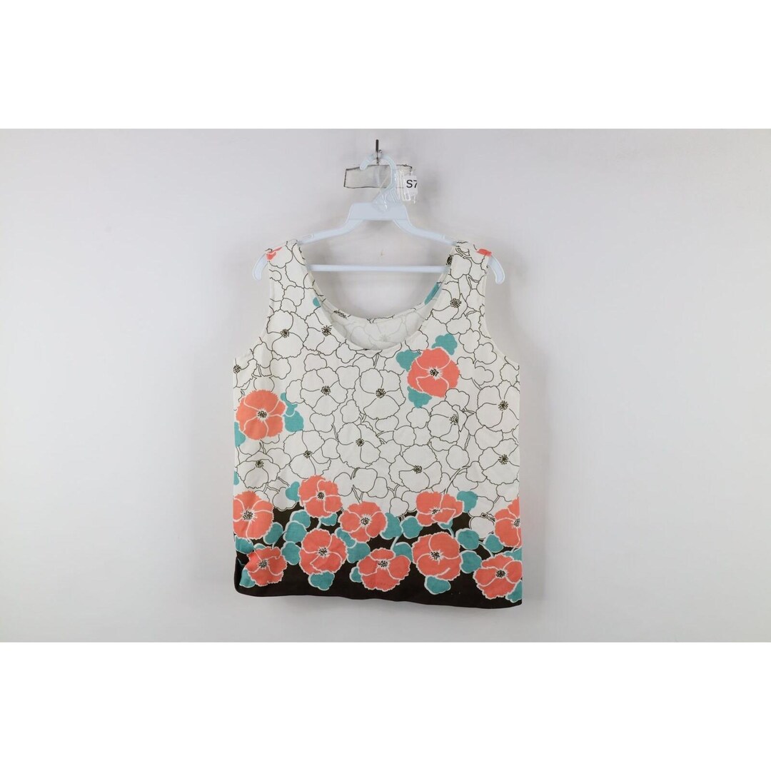 70s Mid Century Modern MCM Womens XL Distressed Knit Flower Tank Top T ...