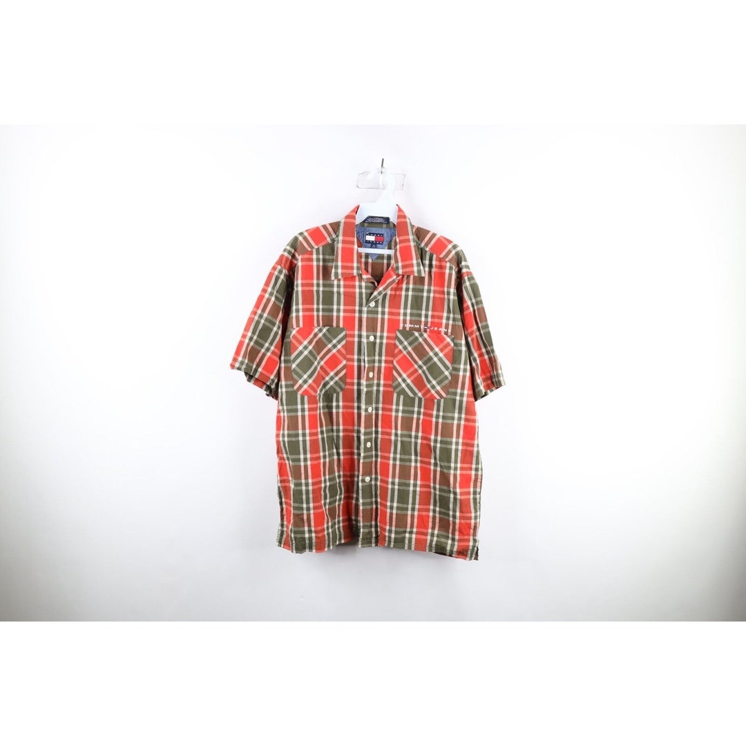 90s Tommy Hilfiger Mens Medium Faded Spell Out Short Sleeve Button ...