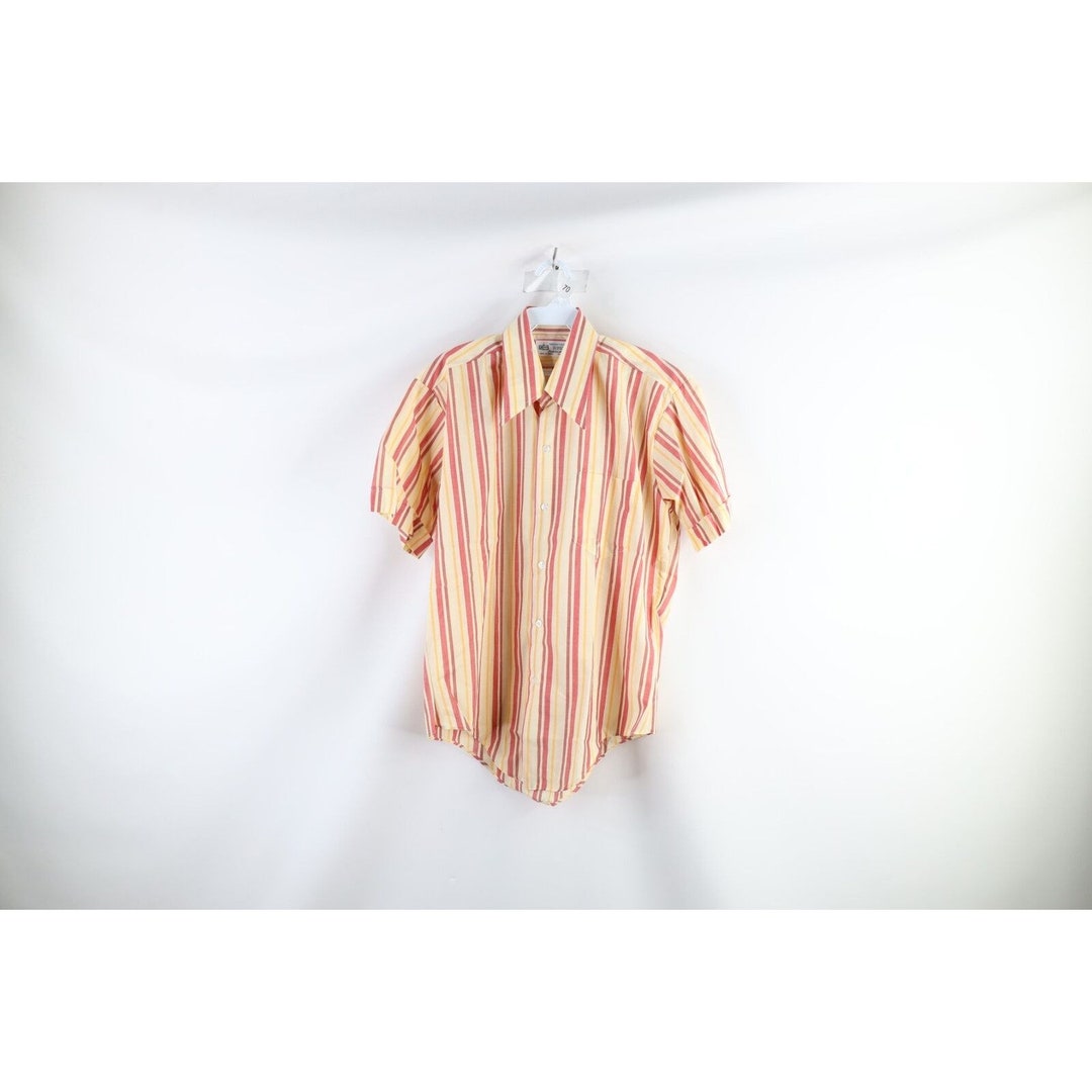 70s Streetwear Mens 15.5 Rainbow Striped Short Sleeve Collared Button ...
