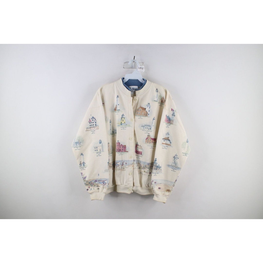 90s Streetwear Womens L All Over Print Lighthouse Cardigan Sweatshirt ...