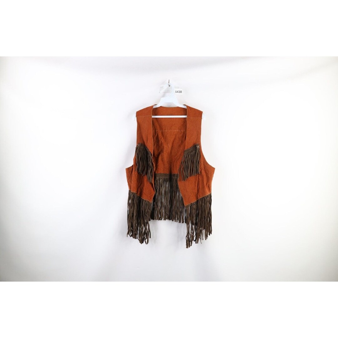 60s Boho Chic Womens Large Thrashed Fringed Suede Leather Festival Vest ...