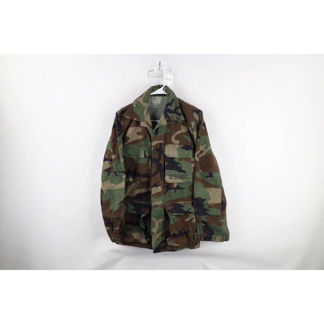 90s Mens Small Long Stamped USMC Woodland Camouflage Combat Coat Jacket ...