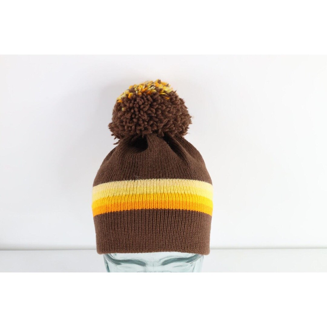 70s Mid Century Modern MCM Striped Wool Knit Big Pom Winter Beanie Hat ...