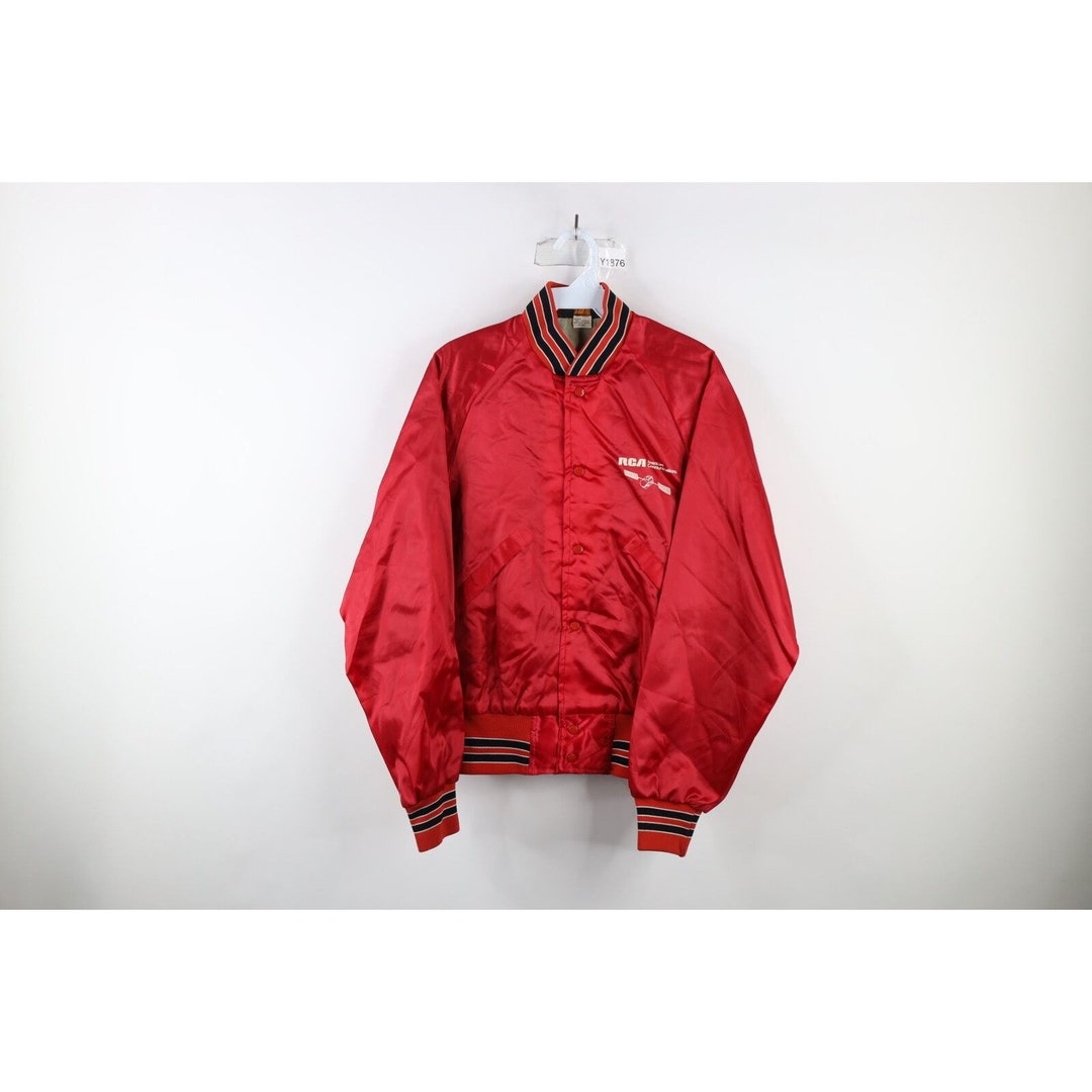80s Mens Small Spell Out RCA American Communications Satin Bomber ...