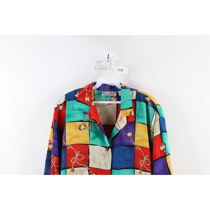90s Streetwear Womens Large Rainbow Checkered Tassel Collared Button ...