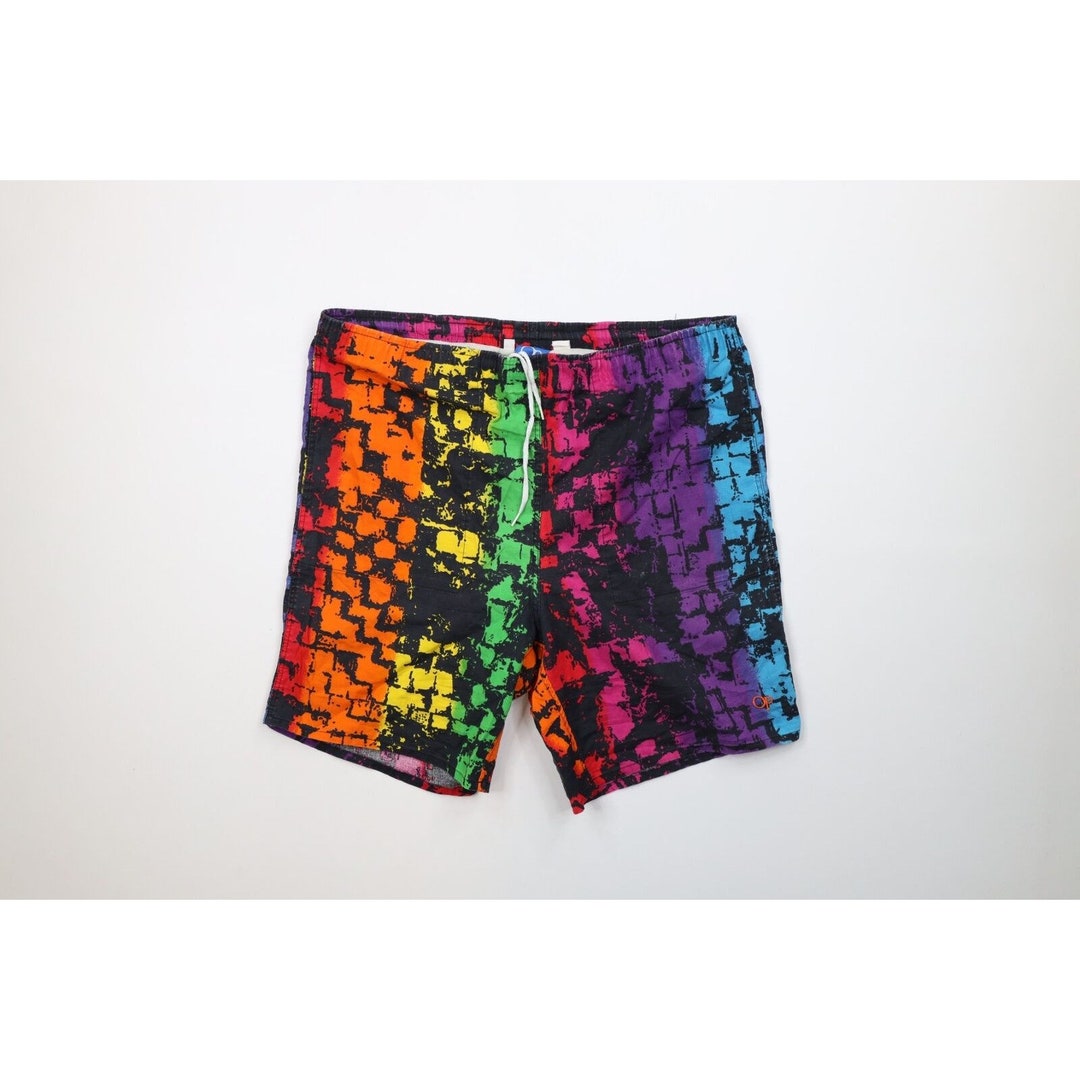 80s Ocean Pacific OP Mens Medium Distressed Rainbow Lined Shorts Trunks ...