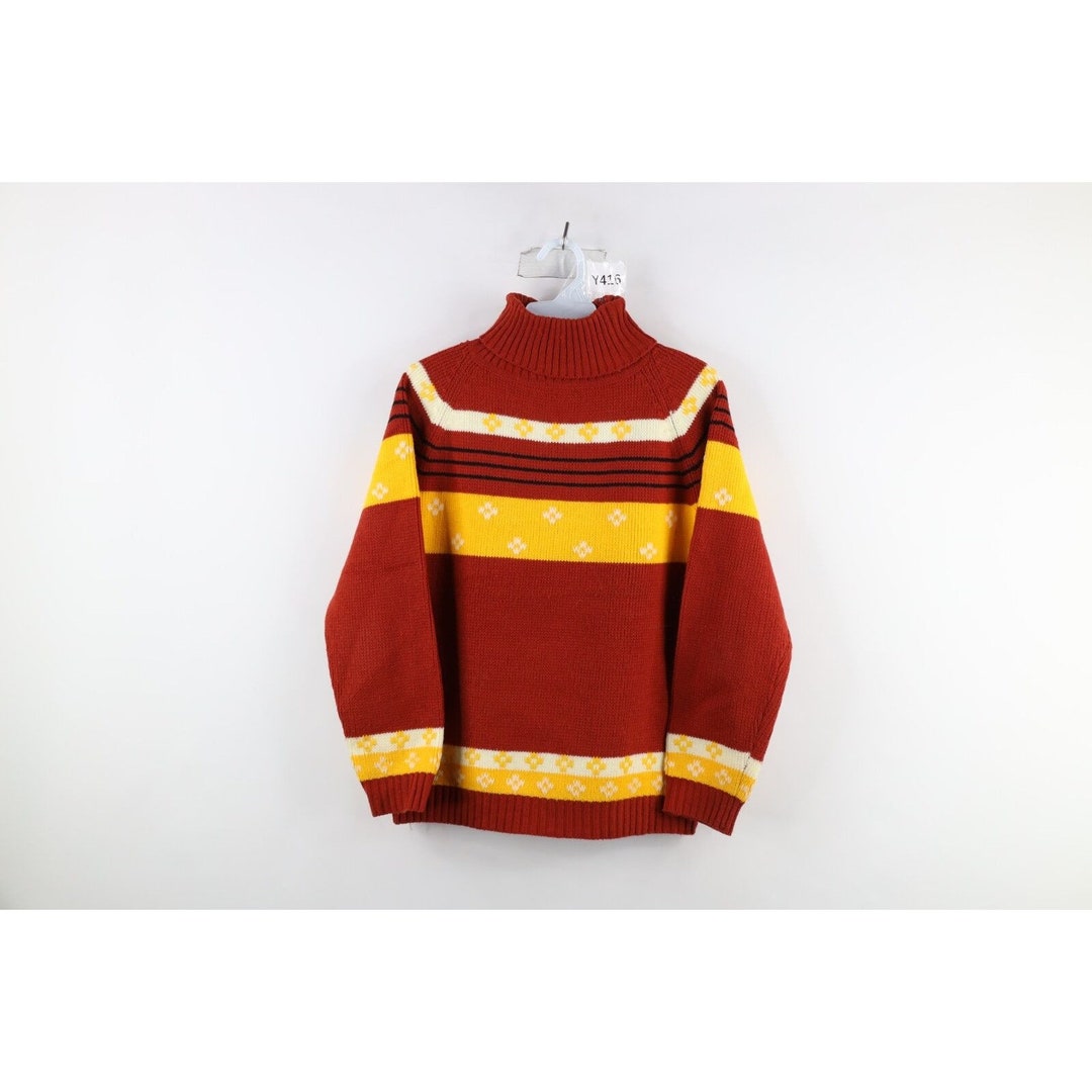70s Mid Century Modern MCM Womens Large Flower Knit Turtleneck Sweater ...