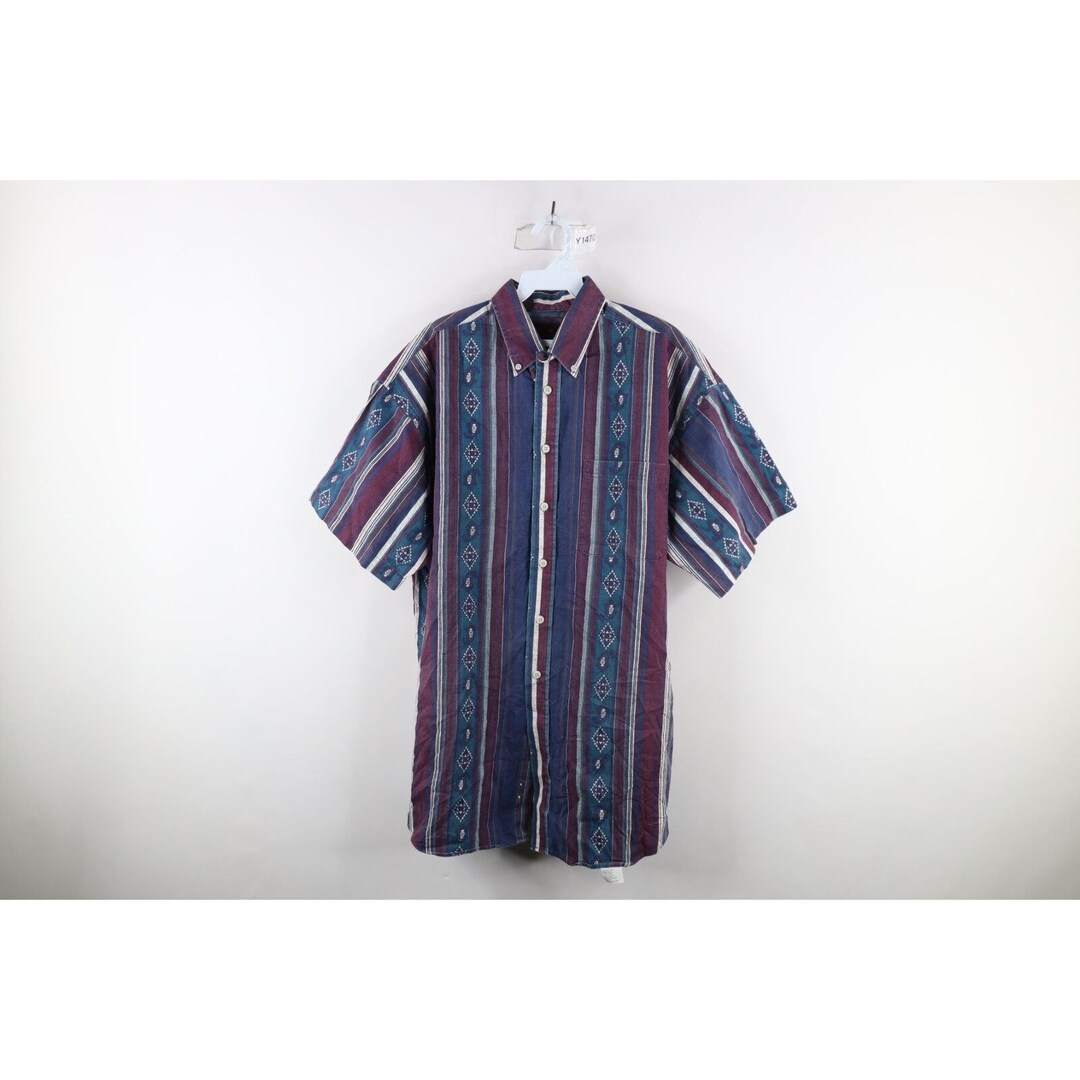 90s Streetwear Mens Large Faded Paisley Striped Short Sleeve Button ...