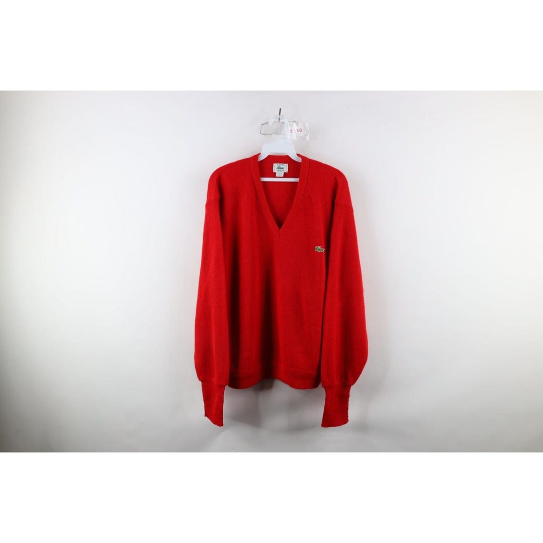 80s Izod Lacoste Mens Size Large Croc Logo Knit V-neck Sweater Red USA ...