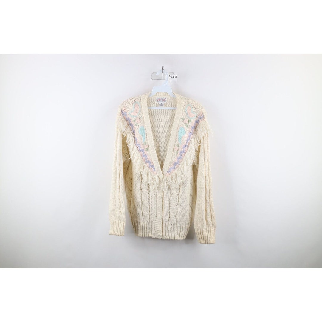 90s Country Primitive Womens Medium Pastel Flower Fringed Cardigan ...