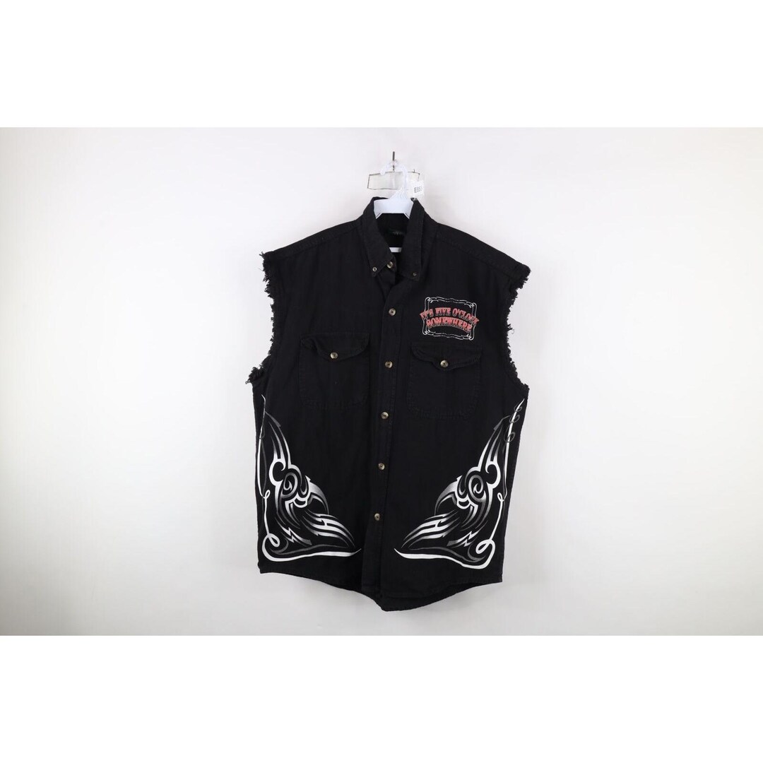 90s Y2K Mens Large Faded Tribal Motorcycle Cut off Denim Button Shirt ...