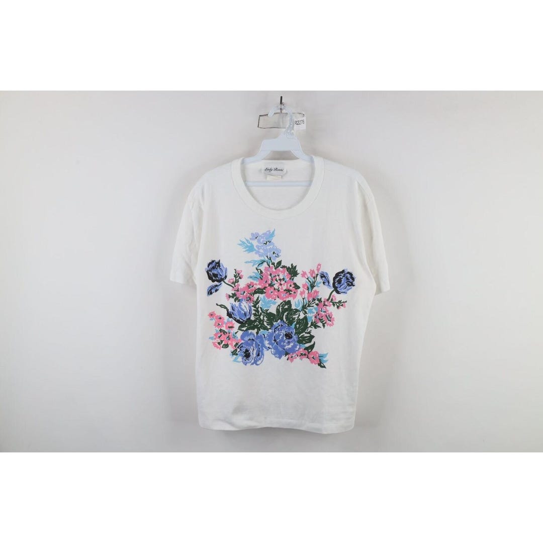 90s Streetwear Womens Large Flower Floral Short Sleeve T-shirt White ...