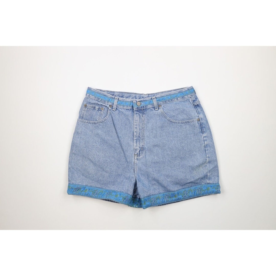90s Streetwear Womens 14 Distressed Tapestry Flower Denim Jean Shorts ...