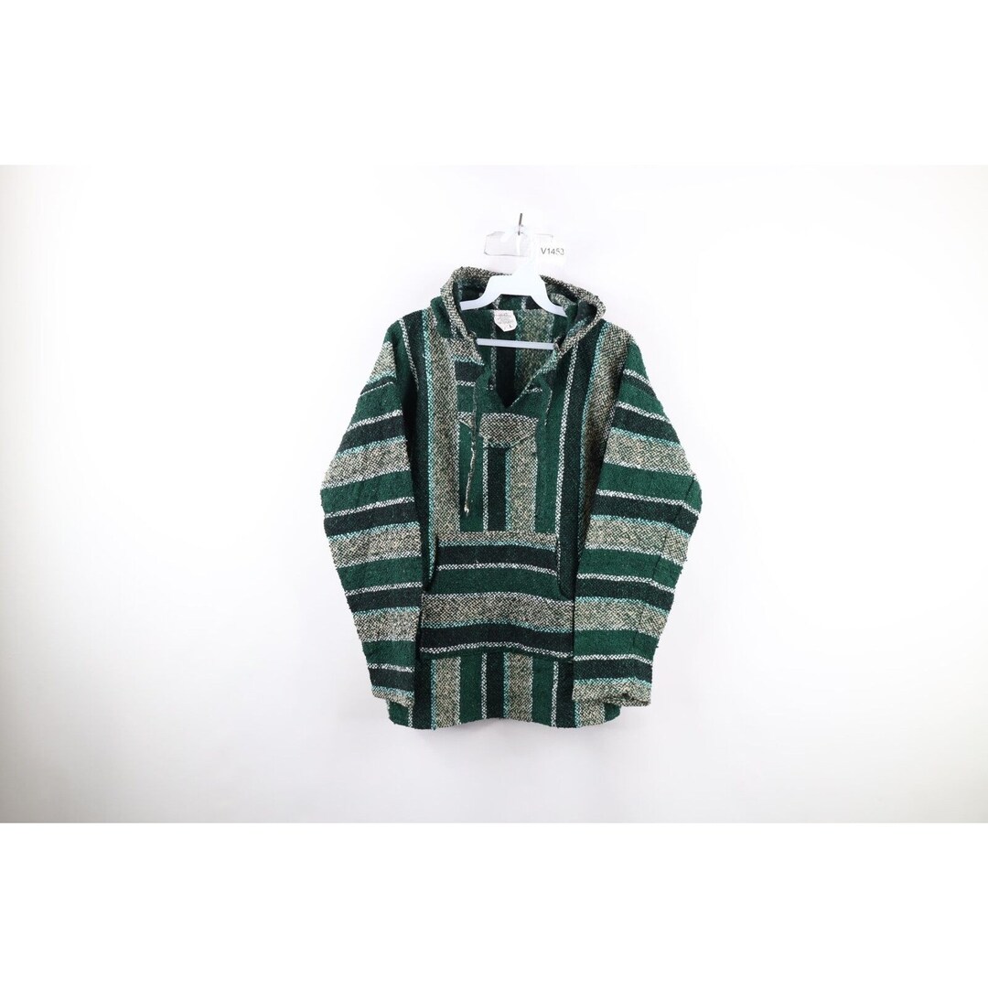 90s Streetwear Womens Large Distressed Striped Knit Drug Rug Hoodie ...