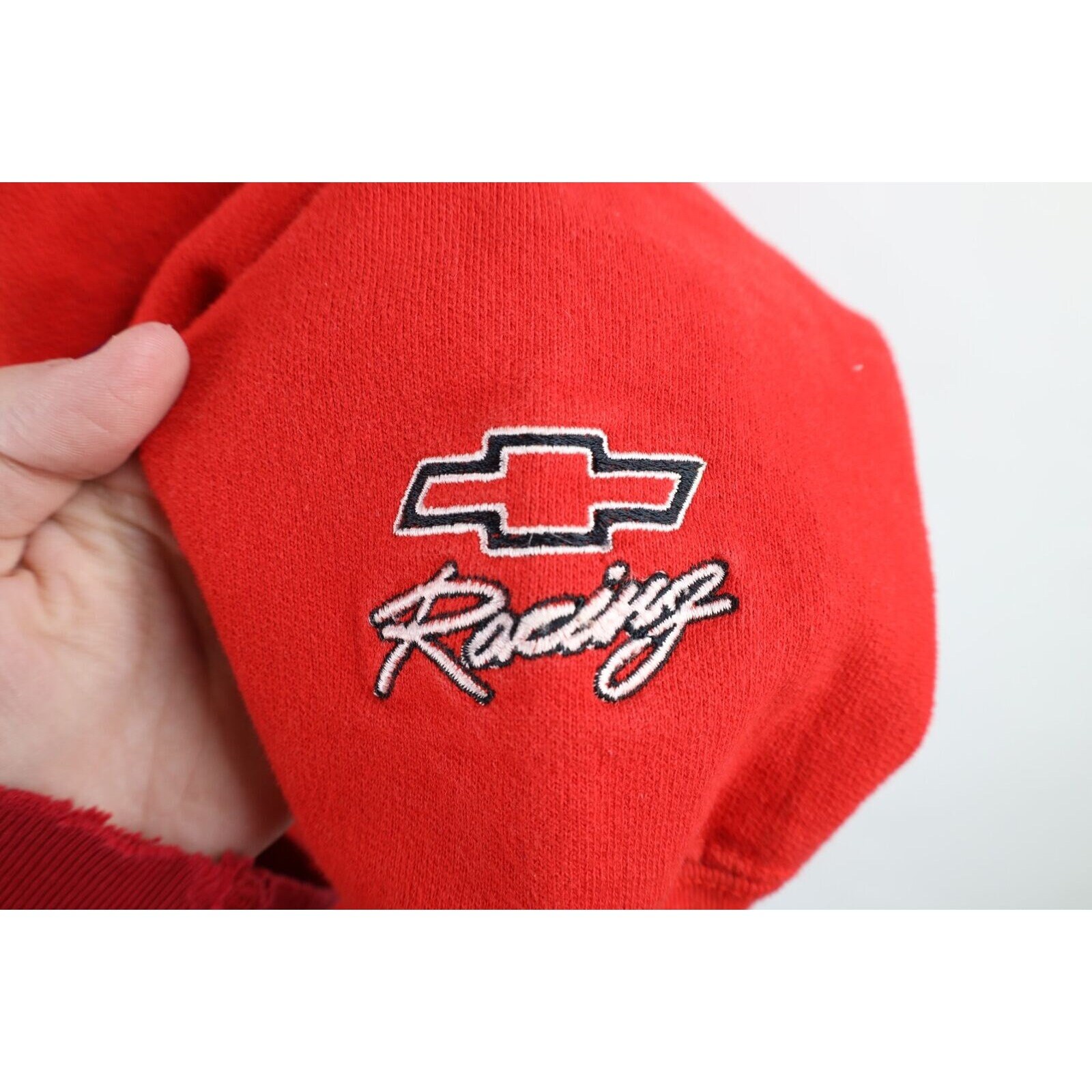 90s Mens Small Spell Out Chevy Chevrolet Racing Heavyweight Hoodie Red ...