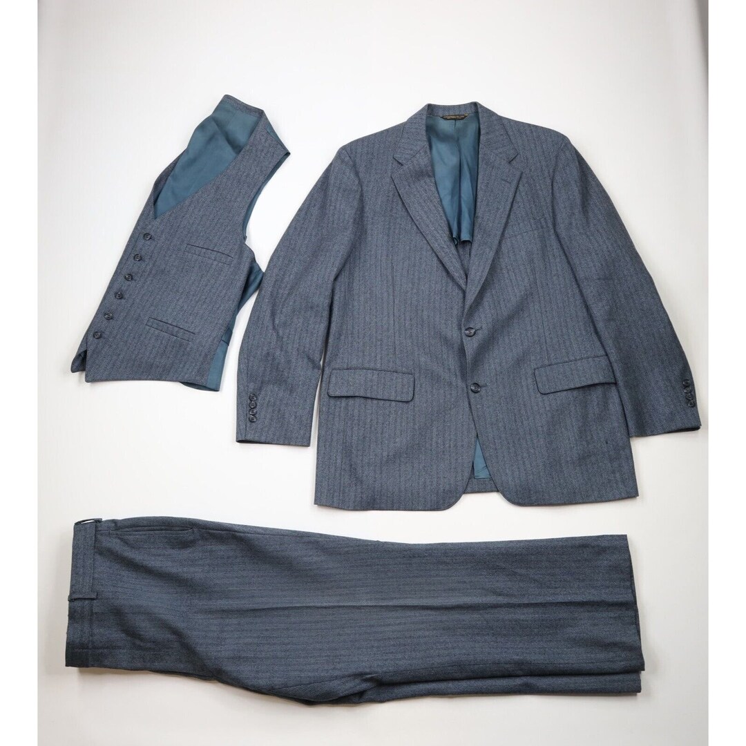 70s Streetwear Mens 46L Wool Herringbone 3 Piece Suit Blue USA 40x29 ...