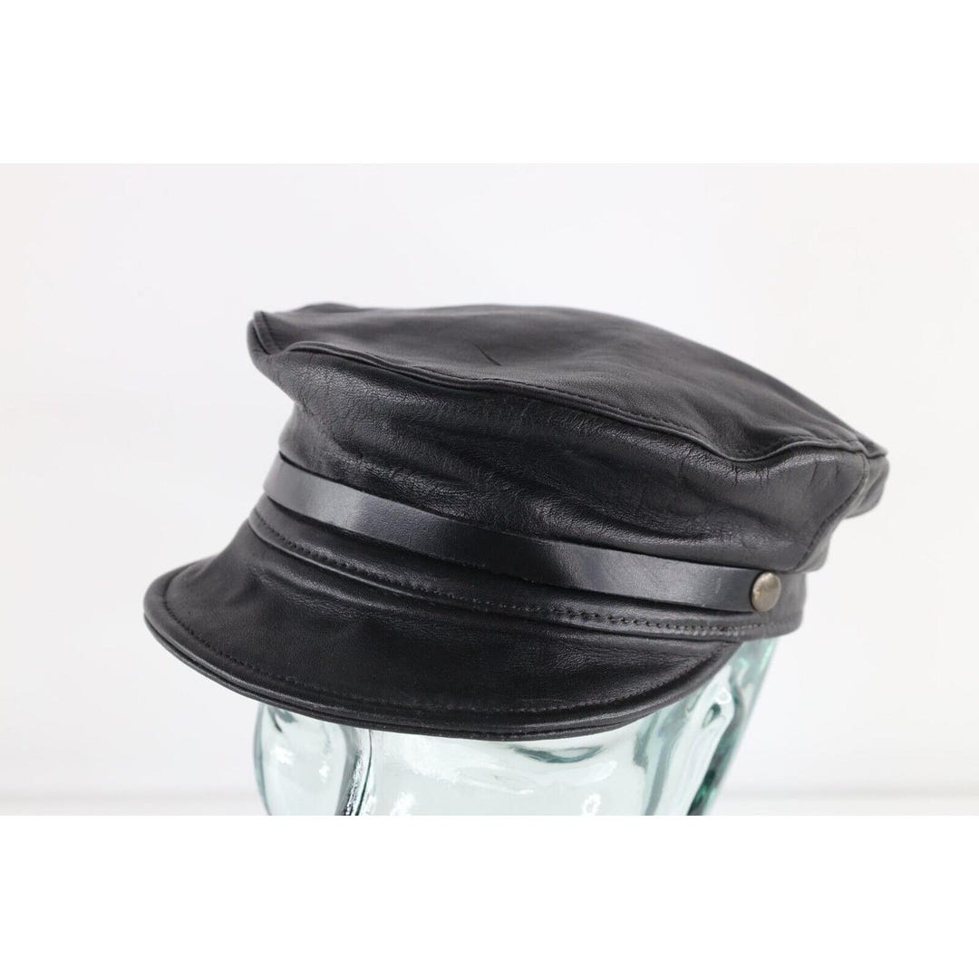 70s Streetwear Distressed Leather Motorcycle Fisherman Hat Cap Black L ...