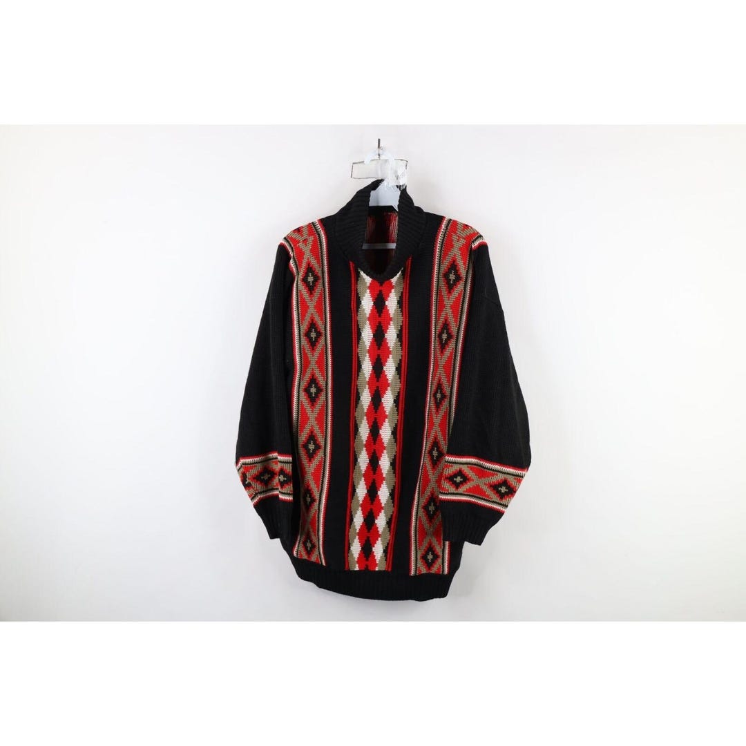 60s 70s Mid Century Modern MCM Womens 16 Diamond Mock Neck Knit Sweater ...