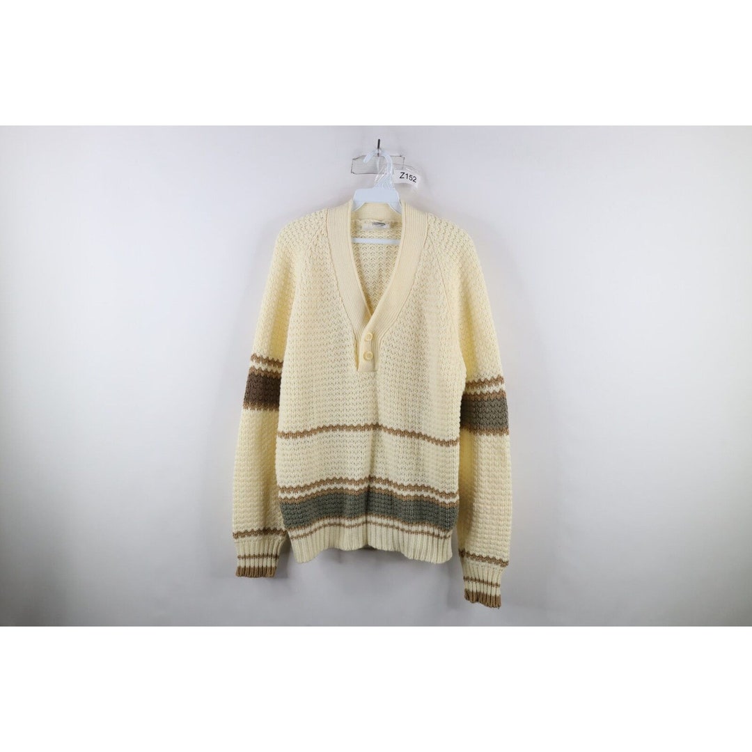 70s Mid Century Modern MCM Mens Medium Striped Chunky Knit Henley ...