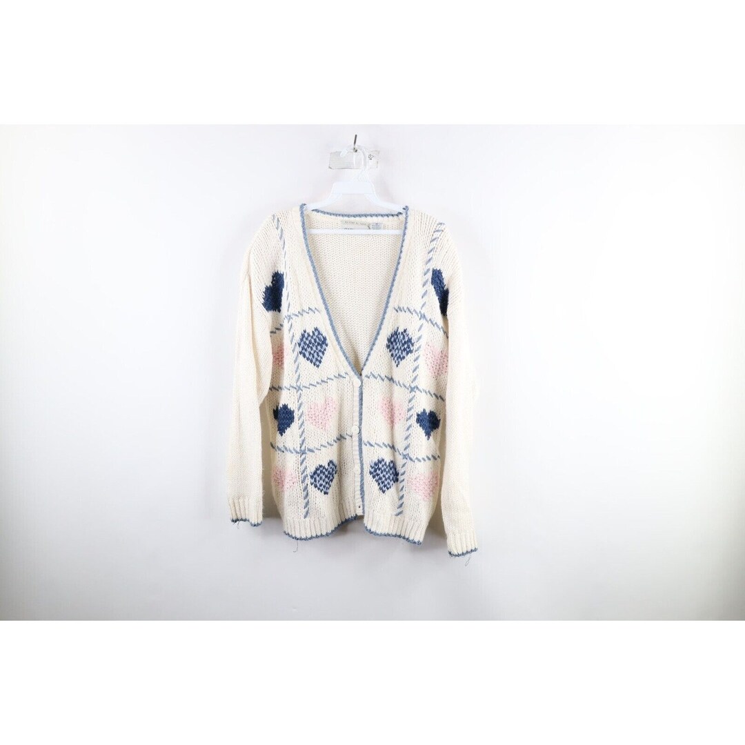 90s Womens Medium Country Primitive Heart Quilt Hand Knit Cardigan ...