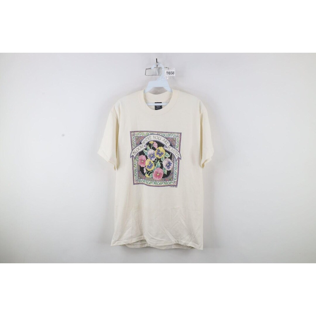 90s Streetwear Womens Large Spell Out Flower Floral T-shirt Cream USA ...