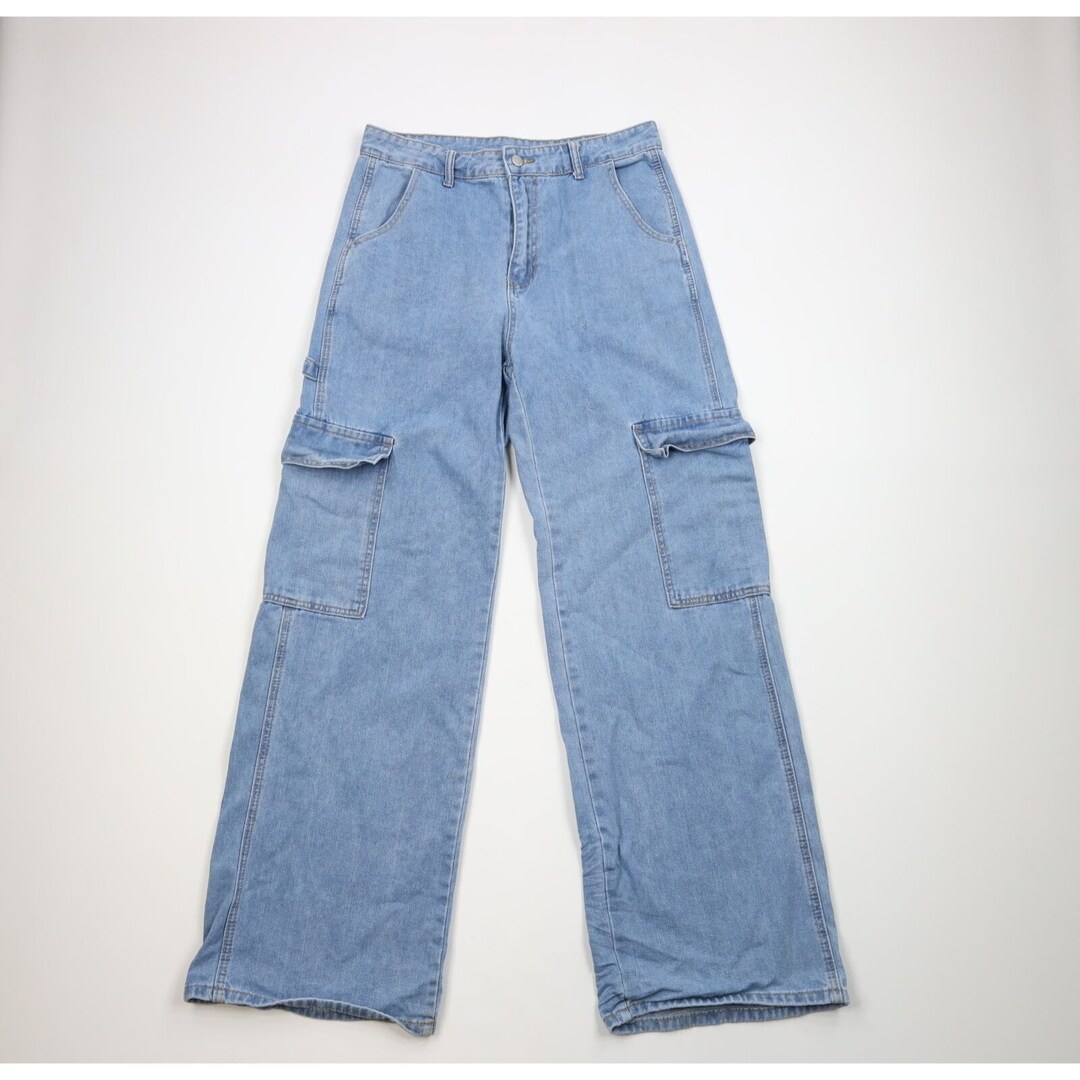 90s Streetwear Mens 30x34 Distressed Baggy Wide Leg Denim Cargo Jeans ...