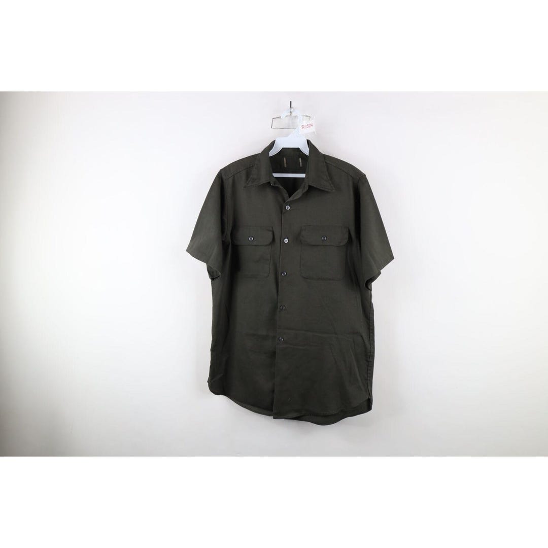 60s 70s Union Made Mens 16 L Faded Workwear Mechanic Button Shirt Green ...