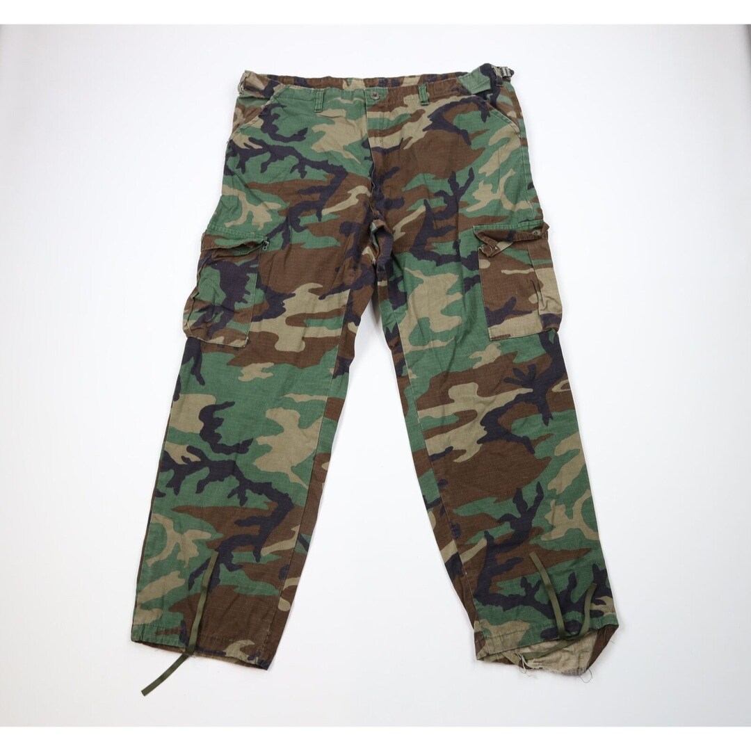 90s Military Mens XL Distressed Woodland Camouflage Cargo Combat Pants ...