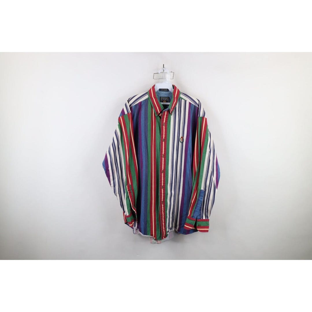 90s Chaps Ralph Lauren Mens L Faded Rainbow Striped Crest Denim Button ...