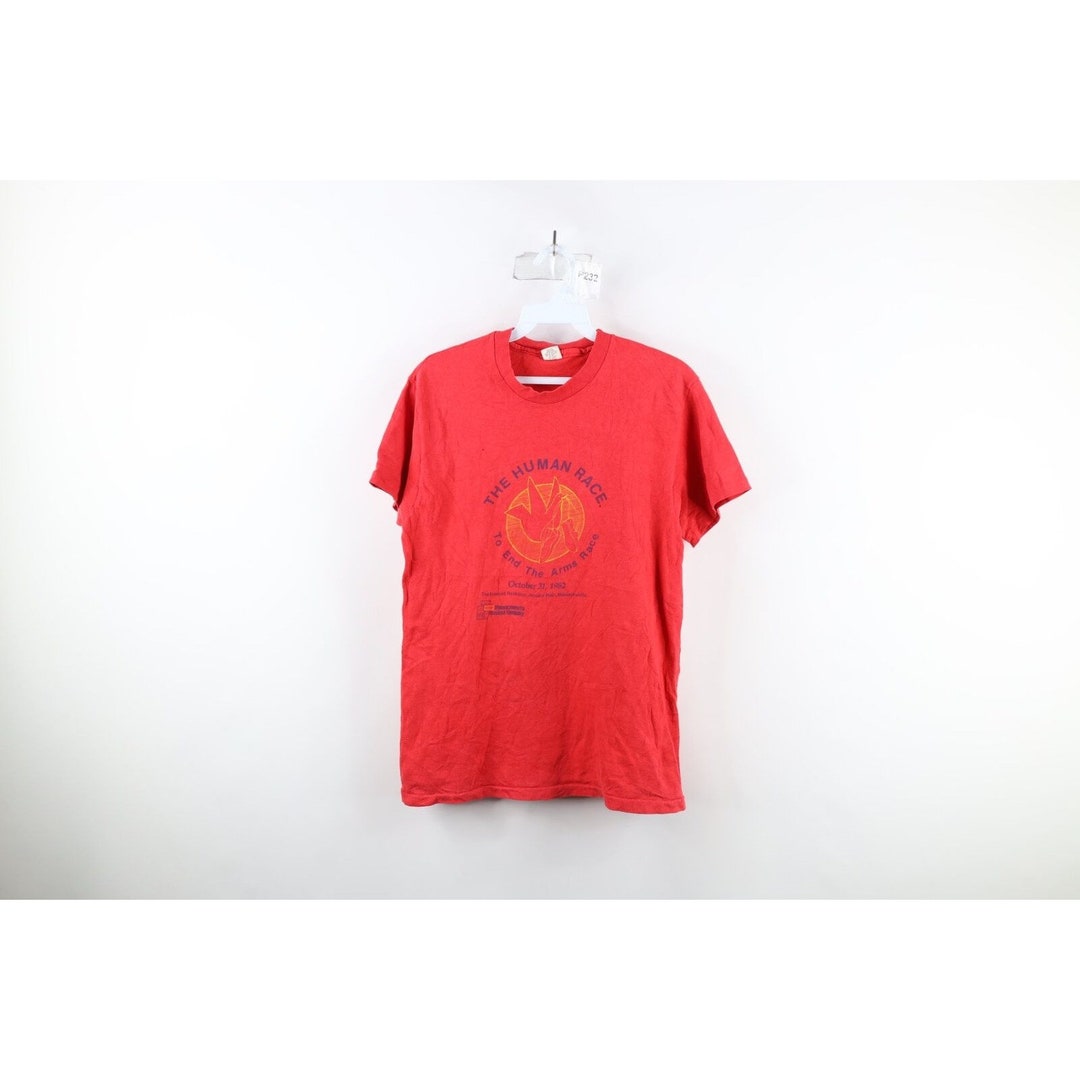 80s Mens Medium Distressed 1982 the Human Race Running T-shirt Red USA ...