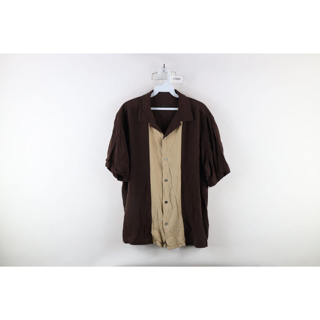 90s Rockabilly Mens XL Faded Silk Panel Camp Collar Button Shirt Brown ...