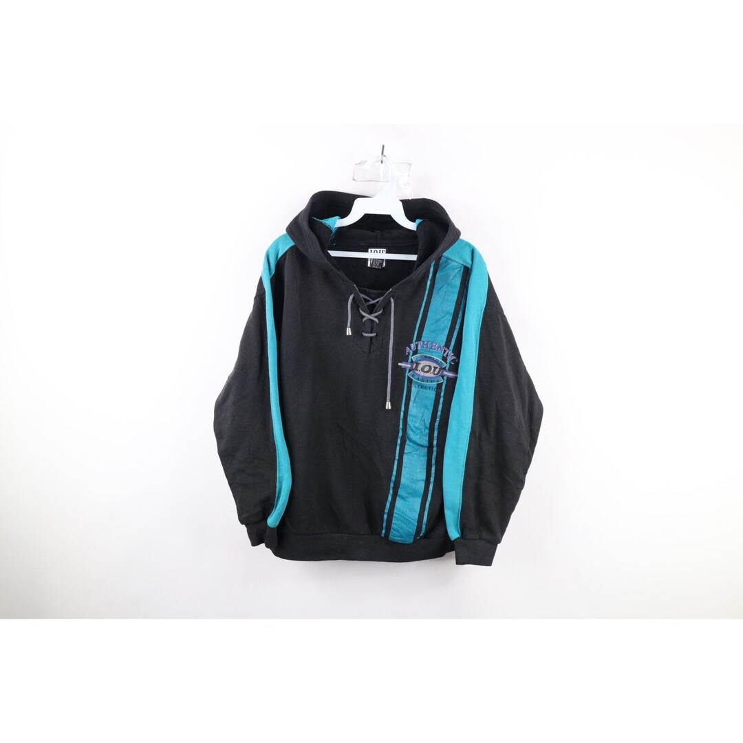 90s IOU Mens Size Small Distressed Spell Out Hoodie Sweatshirt Black ...