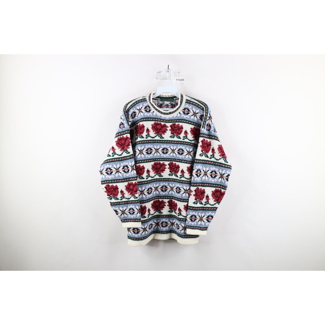 90s Country Primitive Womens Medium Fair Isle Rose Flower Knit Sweater ...