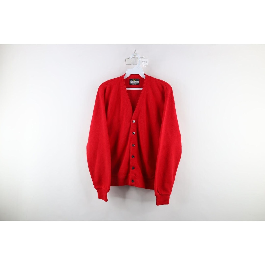 50s 60s Streetwear Mens Medium Blank Knit Button Cardigan Sweater Red ...