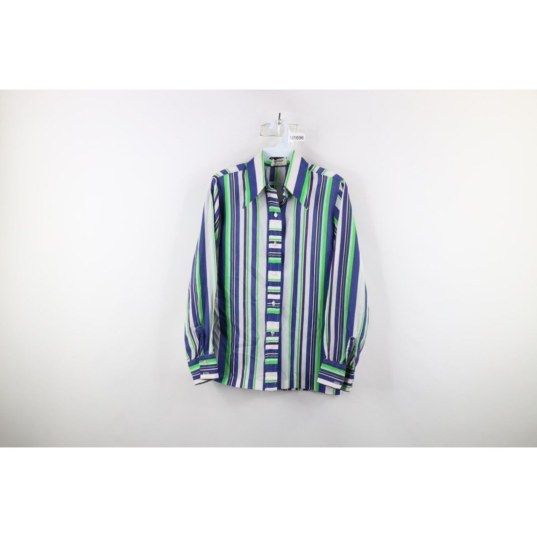 60s 70s Womens Medium Knit Rainbow Striped Collared Button Shirt USA ...