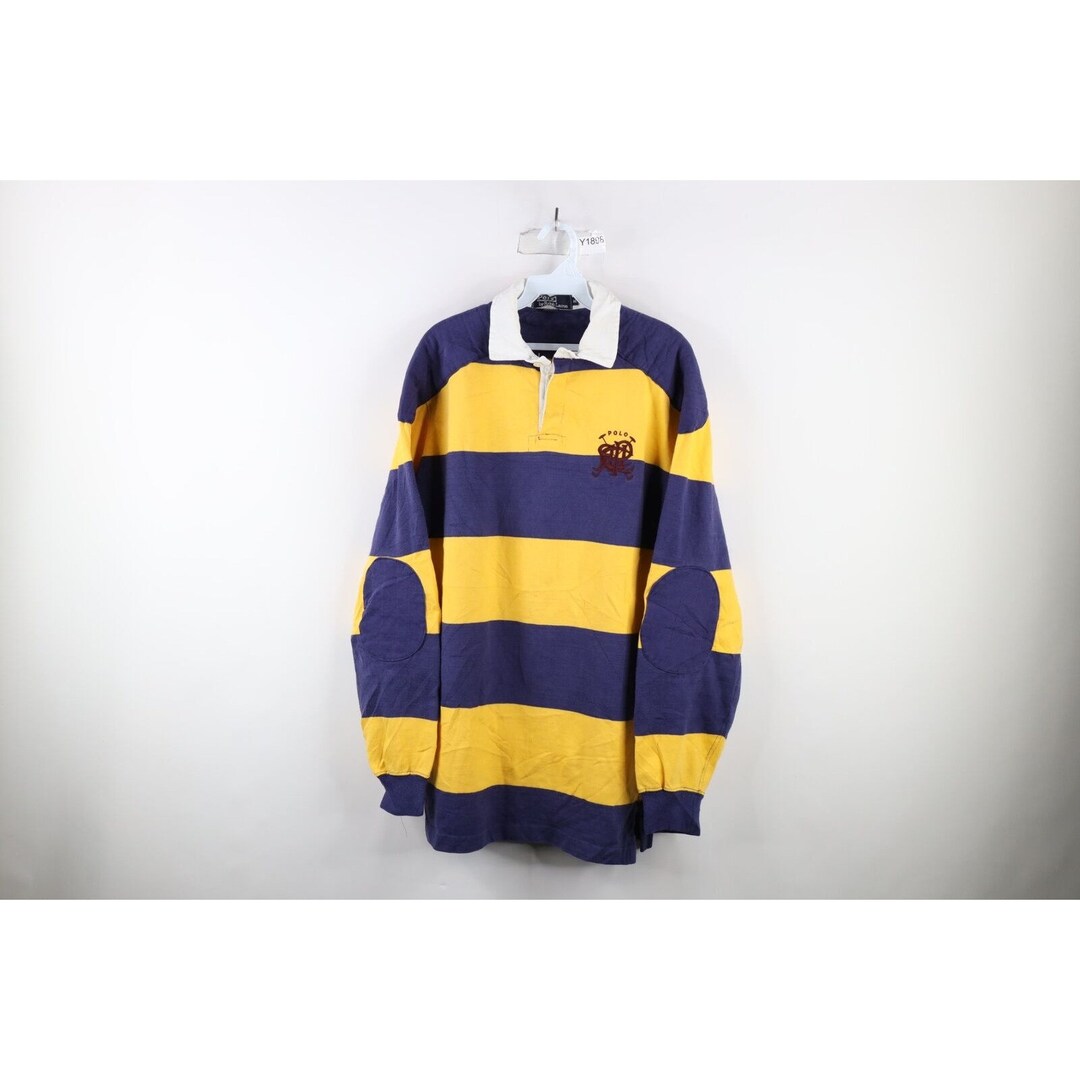 90s Ralph Lauren Mens XL Striped Spell Out Crest Heavyweight Rugby Polo ...