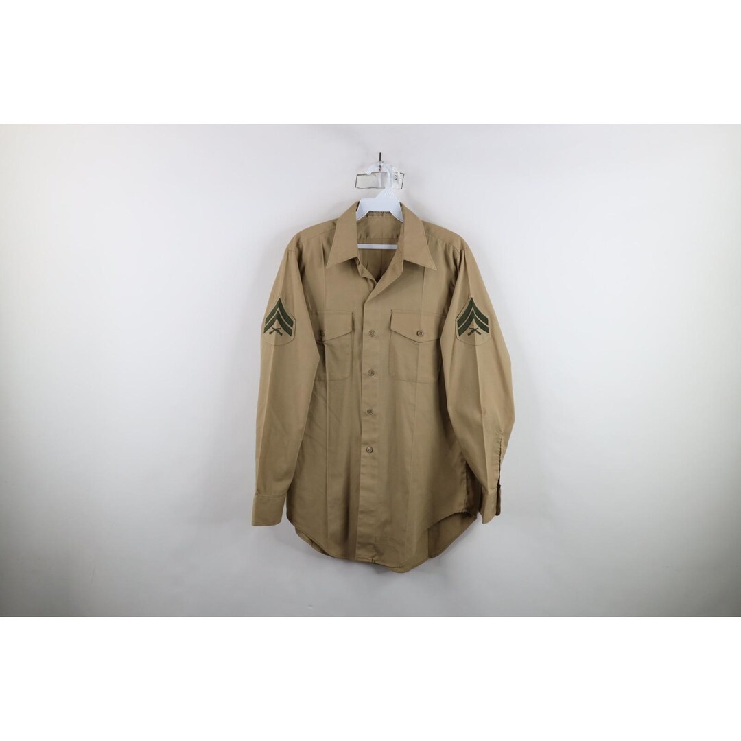 80s Military Mens 15 33 USMC Marines Collared Button Shirt Khaki USA ...