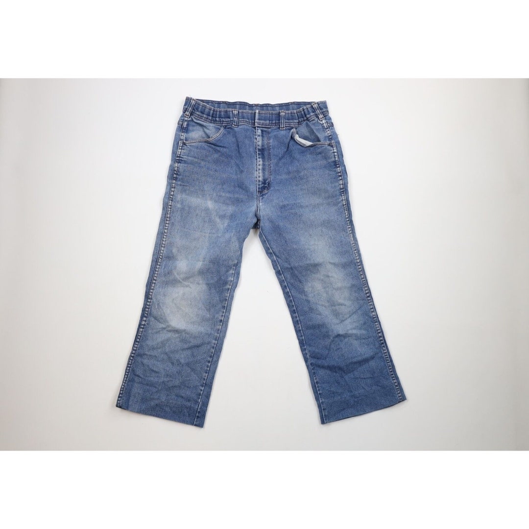 70s Streetwear Mens 32 Distressed Wide Leg Flared Denim Capris Jeans ...