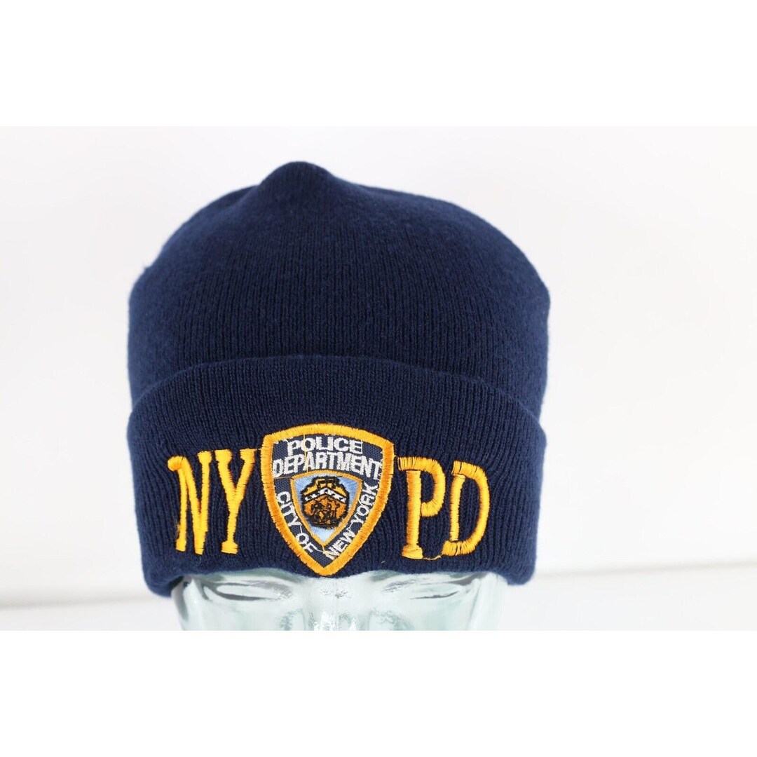 90s Spell Out New York Police Department NYPD Knit Beanie Hat Cap Blue ...