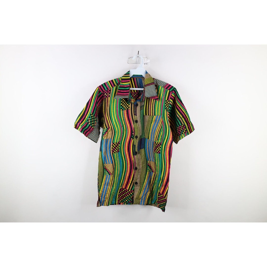 70s Streetwear Mens Small Faded Rainbow Striped Collared Button Shirt ...